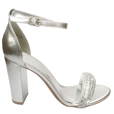 Ladies Silver High Block Heel Ankle Strap Diamante Trim Peep Toe ...