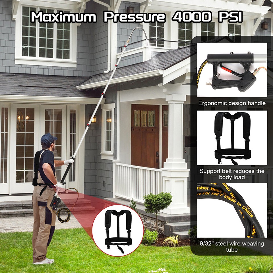 24 Ft Telescopic Pressure Washer Lance 4000 Psi Roof Gutter Cleaning ...