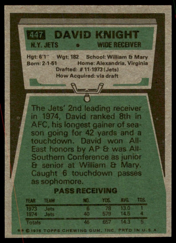 1975 Topps David Knight Rookie New York Jets #447 | eBay