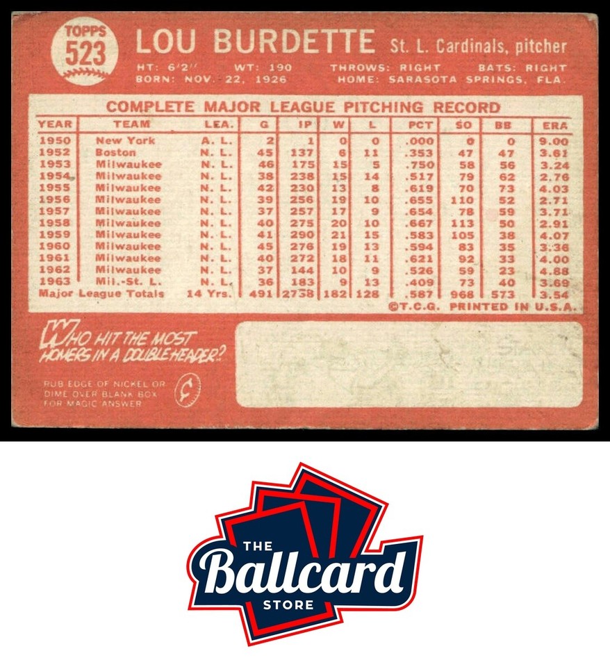 1964 Topps #523 Lew Burdette | eBay