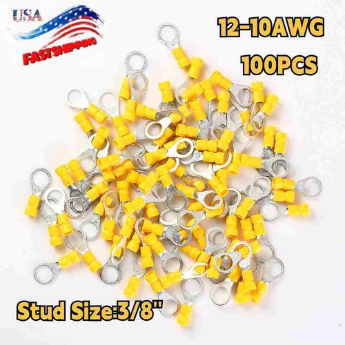 Yellow 12-10 Gauge Wire Ring Terminals Vinyl 3/8”Car Audio Connectors ...