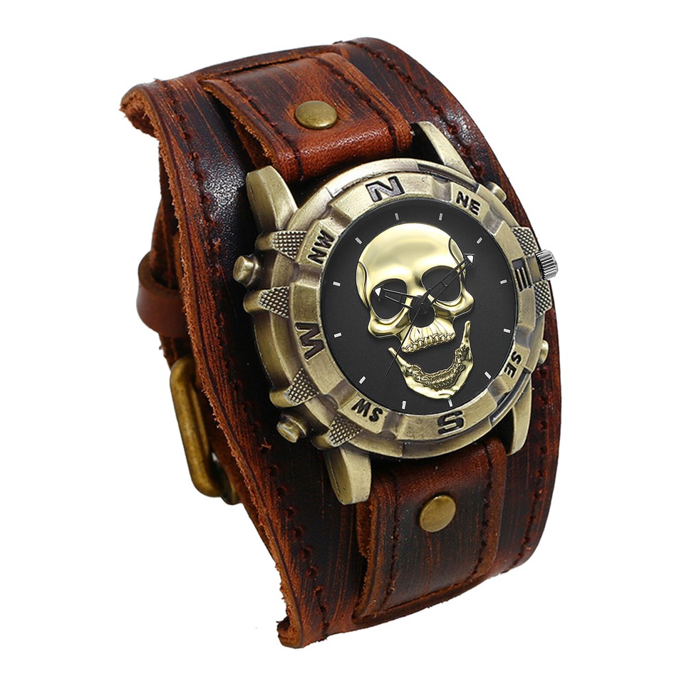 Men's Biker Halloween Skull Decor Wide Wrist Watch Casual Geniune ...