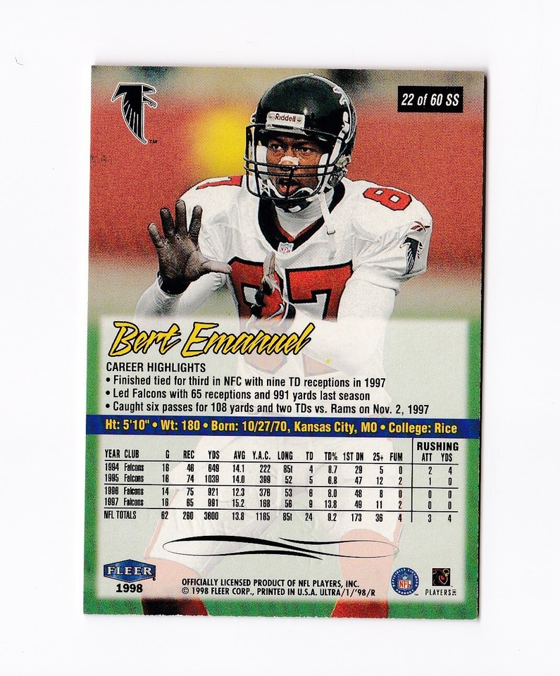 1998 Ultra Sensational Sixty #22 Bert Emanuel Atlanta Falcons Rice | eBay