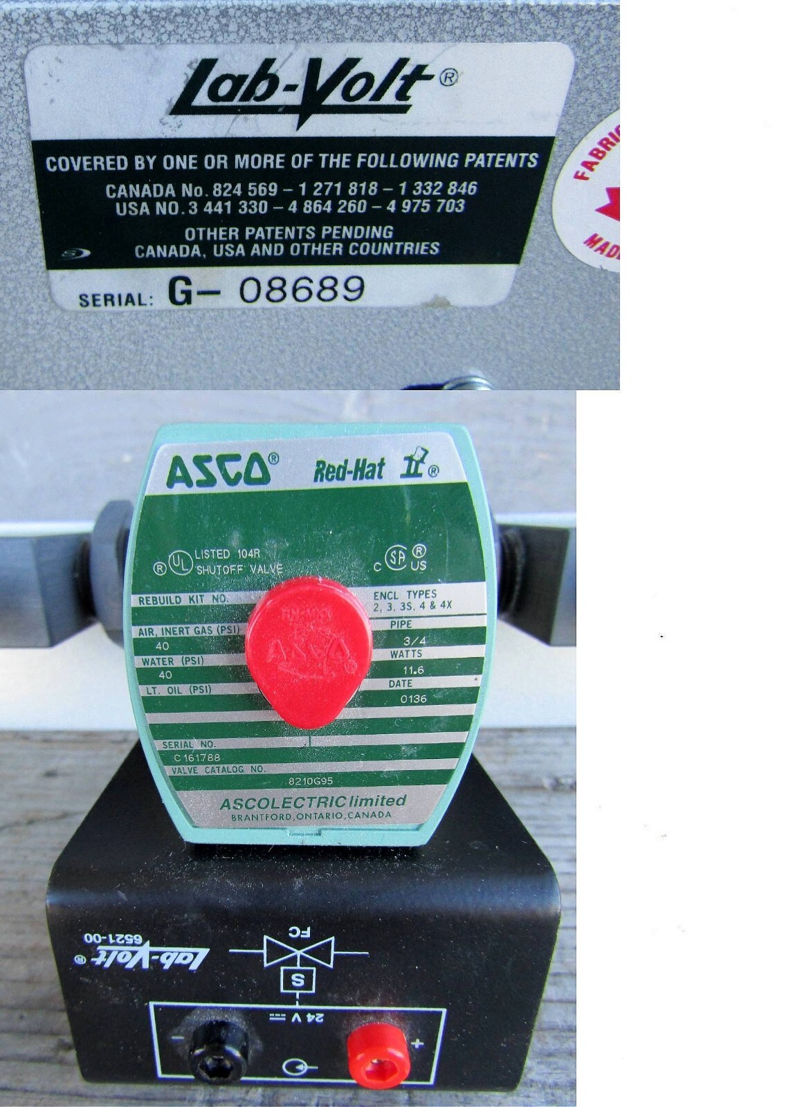 ASCO RED HAT II 8210G95 SHUTOFF VALVE / MOUNTED ON LAB VOLT 6521-00 ...