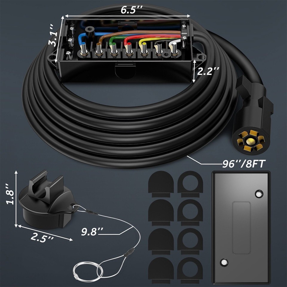 8FT 7 Way Plug Inline Pre-Wired Trailer BLACK Cord w/Junction Box ...