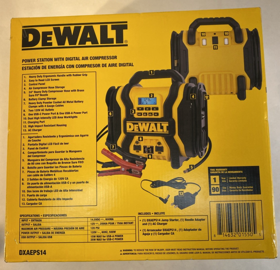 DEWALT Portable Power 2000 Peak Amp Jump Starter w/Digital Compressor ...