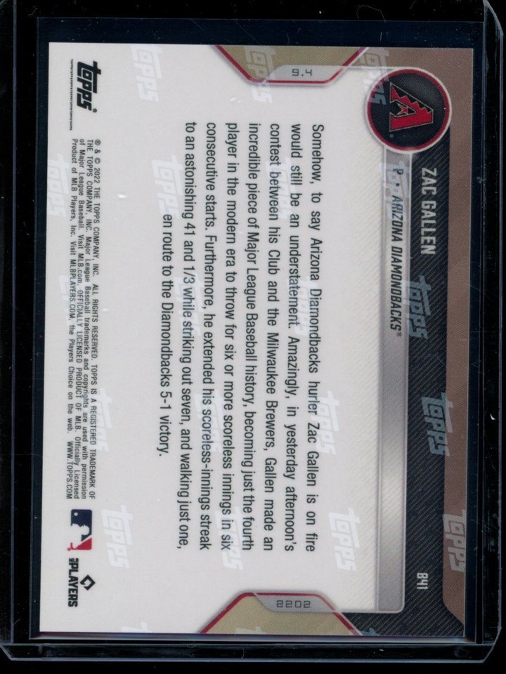 2022 Topps Now #841 Zac Gallen Blue Parallel Card #d 14/49 | eBay