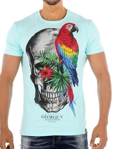 Avenue George V Paris T-Shirt Graphic Skull Parrot rhinestone Blue Tee ...