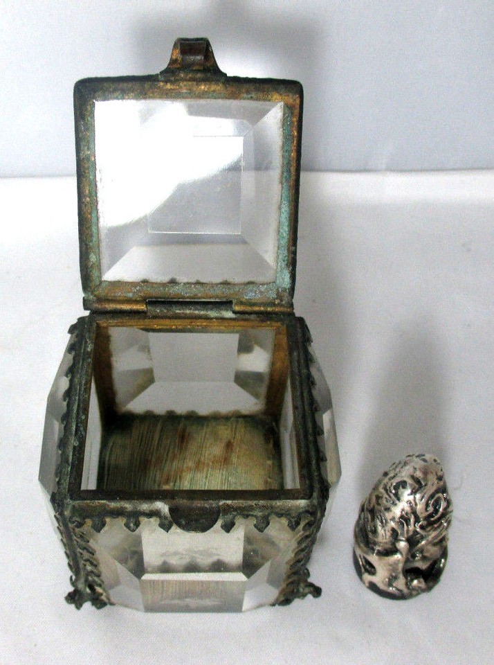 PALAIS ROYAL, CUT GLASS square BOX & STERLING THIMBLE, c1800 Original ...