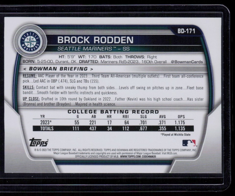 BROCK RODDEN 2023 BOWMAN DRAFT SKY BLUE RC 306/499 SEATTLE MARINERS #BD ...