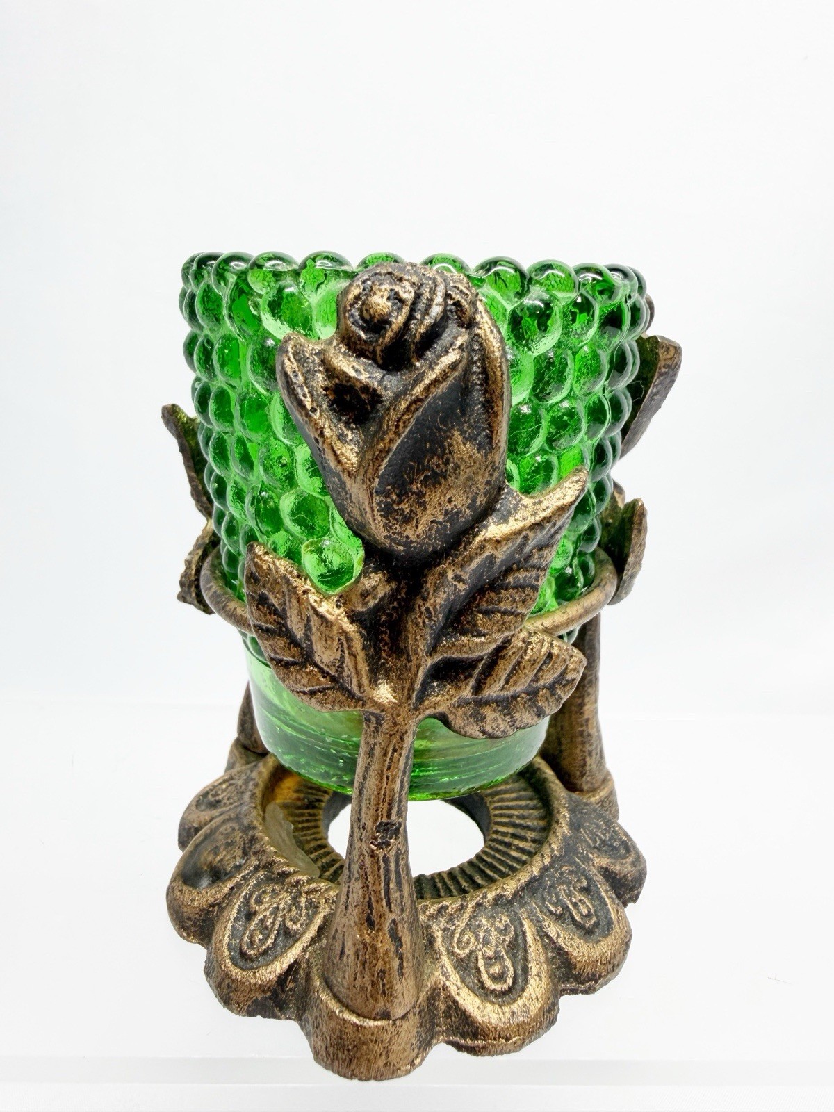 Vintage Floral Cast Iron Green Hobnail Glass Votive Candle Holder | eBay