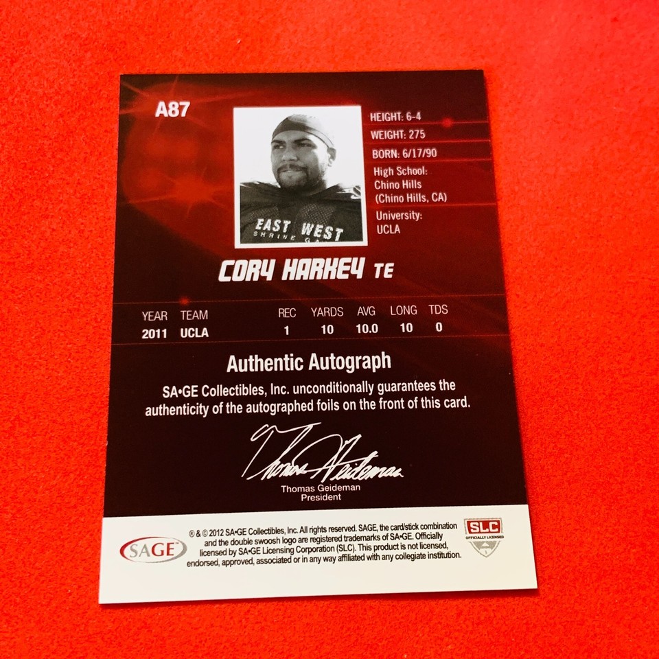 Cory Harkey ROOKIE AUTOGRAPH UCLA Bruins / St Louis Rams 2012 SAGE HIT ...