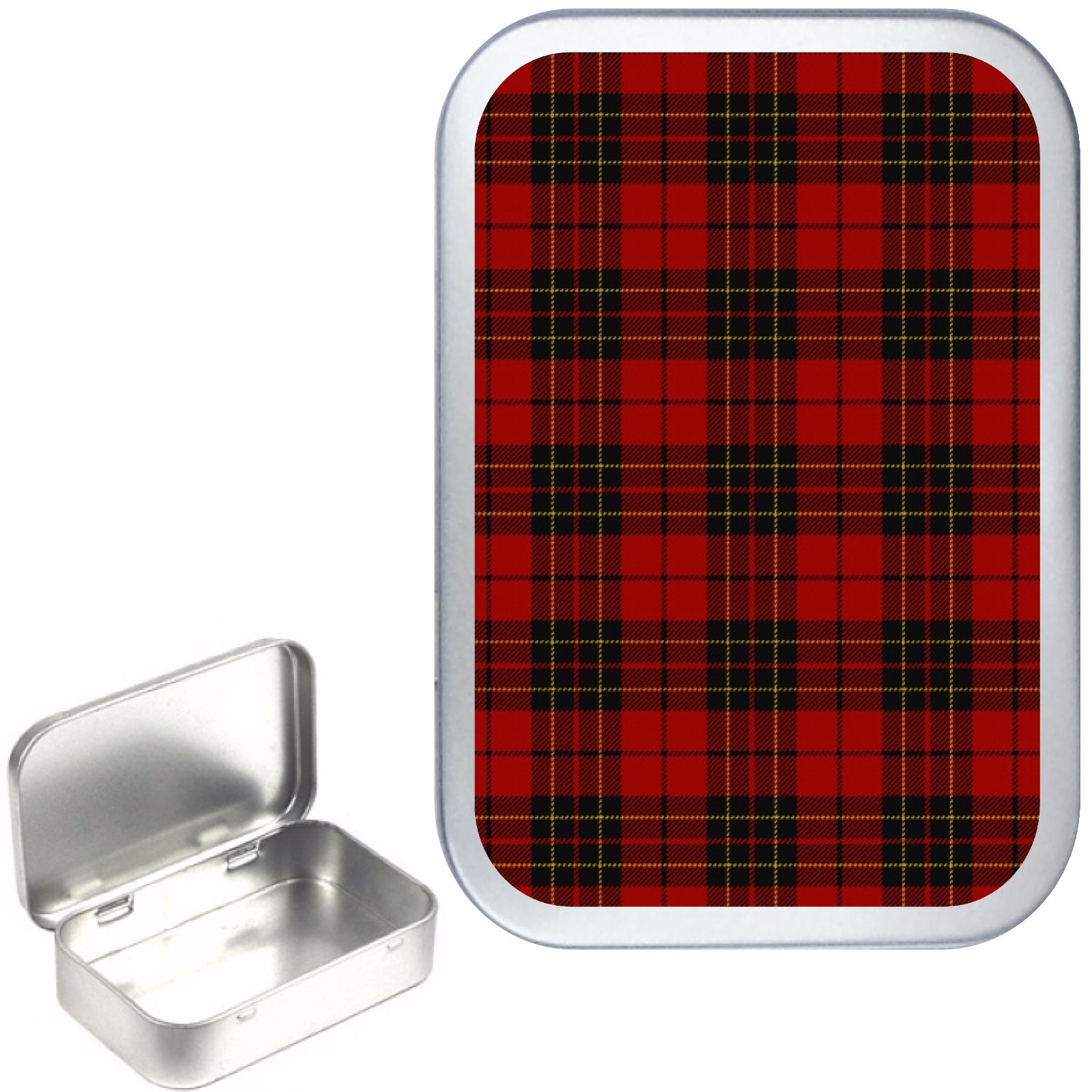 RED TARTAN 50ml SILVER HINGED TIN BOX,STORAGE TIN BOX,PILL TIN,POCKET ...
