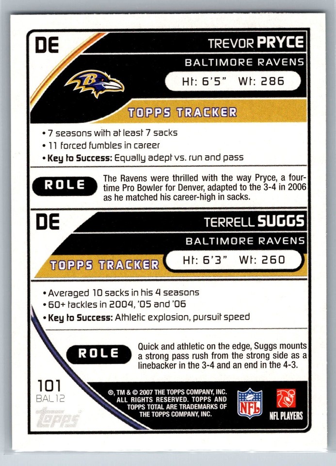 2007 Topps Total Terrell Suggs Trevor Pryce Baltimore Ravens #101 | eBay