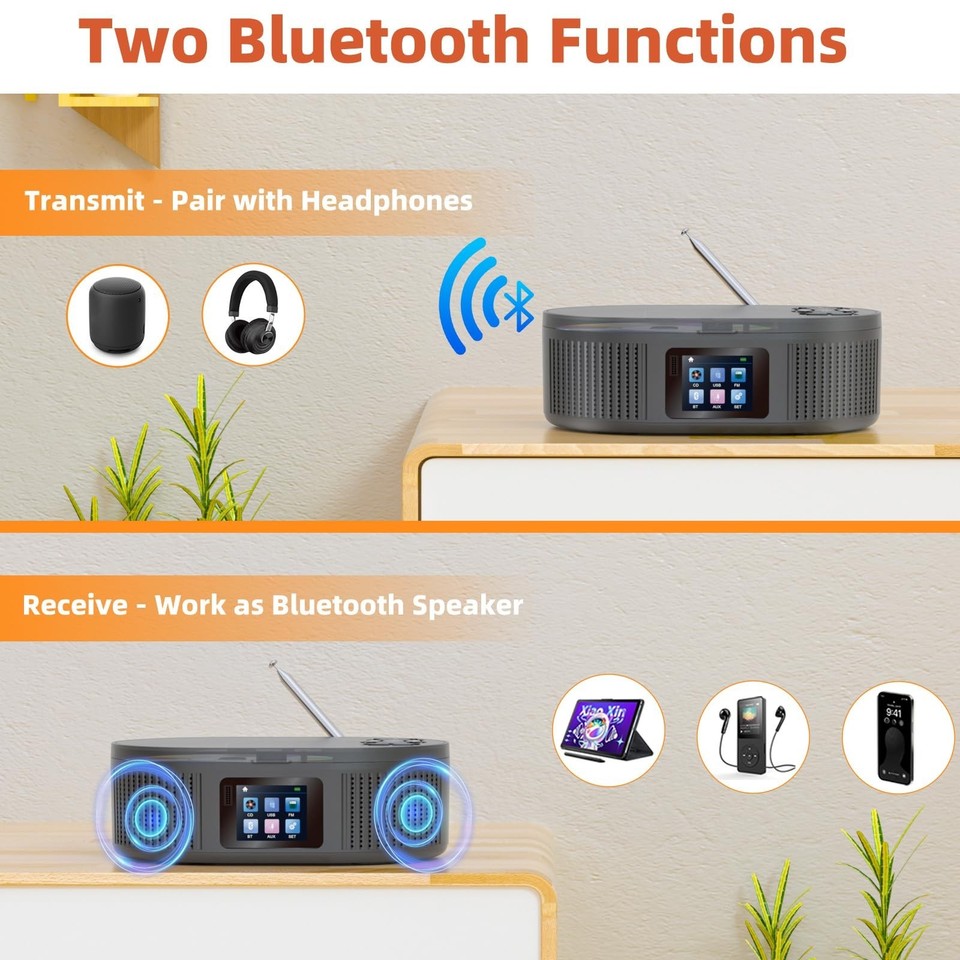 CD Player Portable DESOBRY Boombox CD Player with Bluetooth TX/RX Modes ...