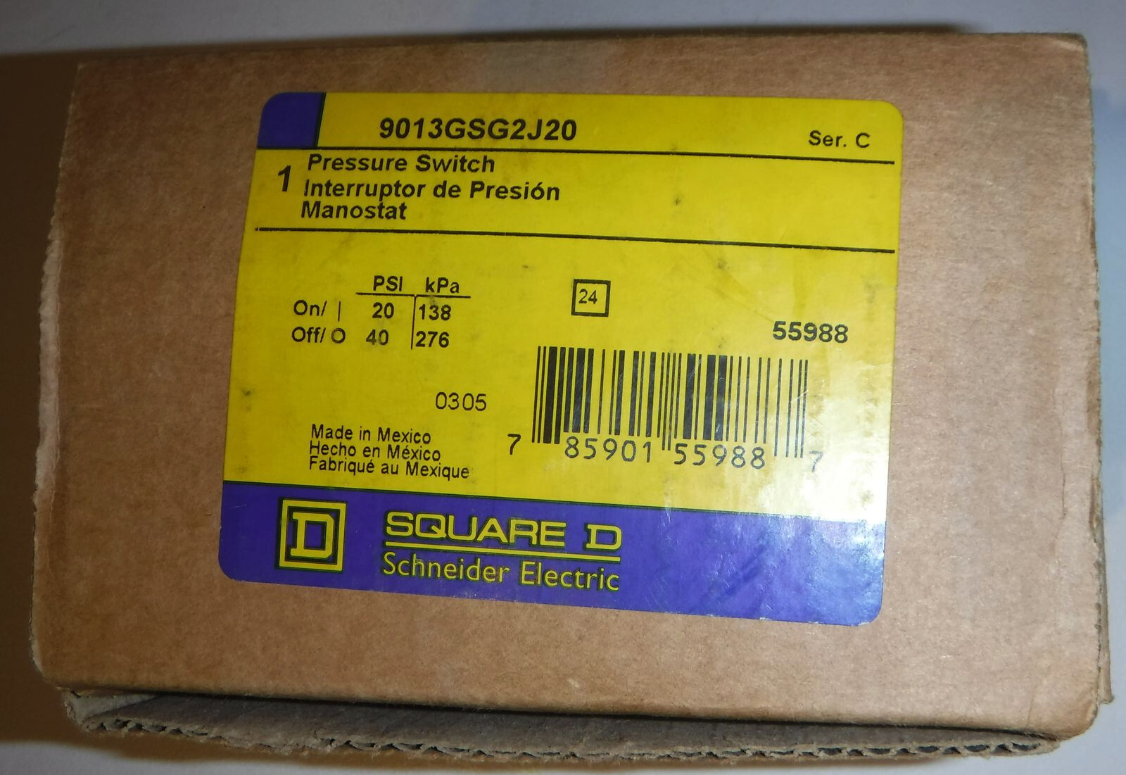 SQUARE D 9013GSG2J20 Water Pump Pressure switch DPST, max 3hp240v1ph ...
