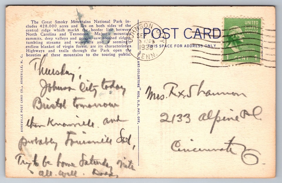 Postcard NC TN Great Smoky Mountains Newfound Gap Highway Posted 1938 ...