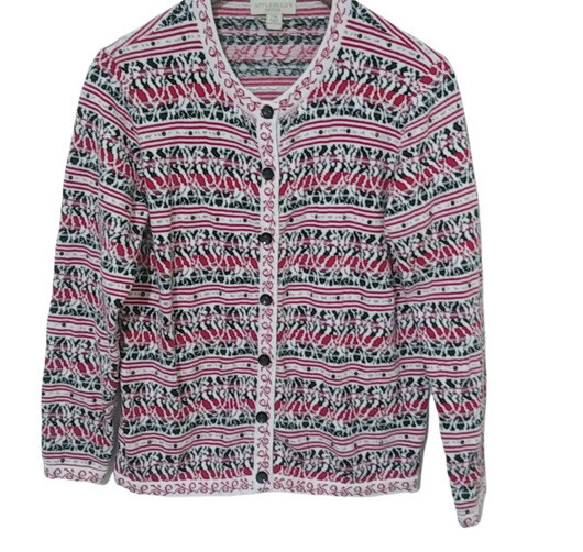 Women’s Appleseed’s Floral Stripe Jacquard Cardigan Sweater SMALL New ...