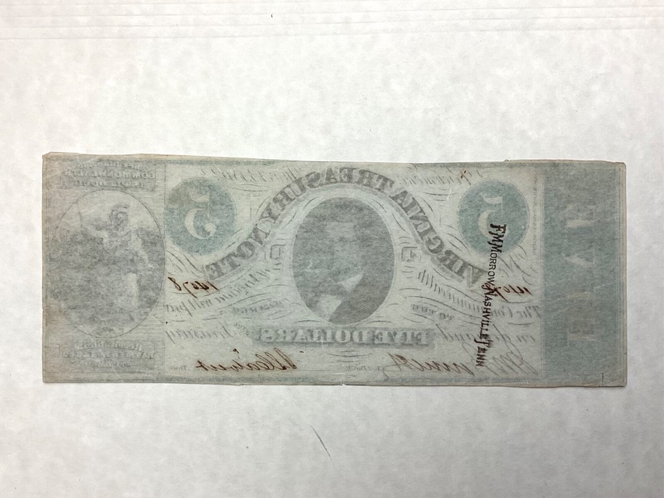 1862 $5 Five Dollars Virginia Treasury Note - Civil War Confederate ...