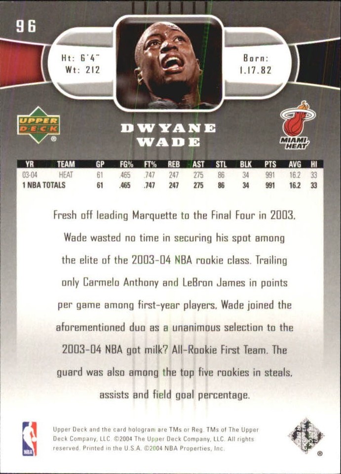Dwyane Wade-Miami Heat-2004-05 Upper Deck Basketball #96 | eBay