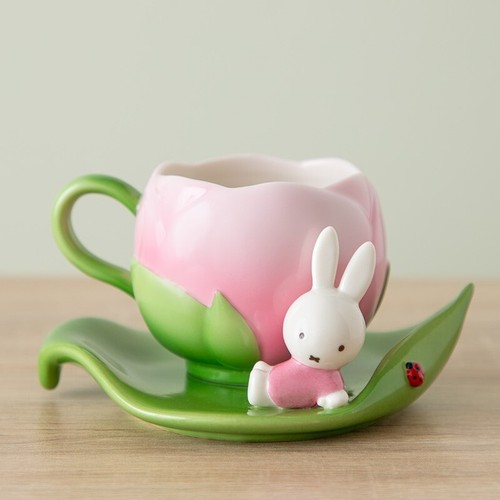 Flower Miffy Tulip Tea Cup & Saucer Pink Green Porcelain Japan New ...