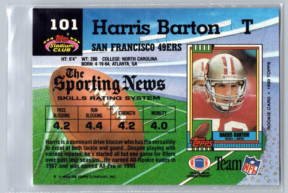 1992 TOPPS STADIUM CLUB CARD # 101 Harris Barton - San Francisco 49ers ...