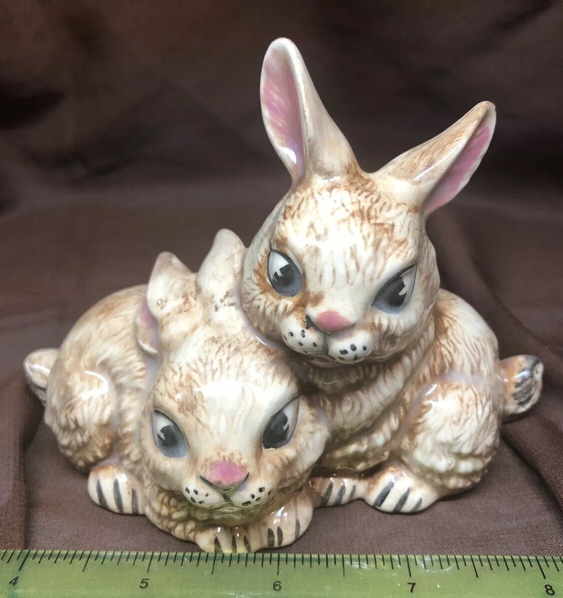 2 Detailed 3 1/5” H Ceramic Brown Bunny Rabbits With Huge Eyes Vintage ...