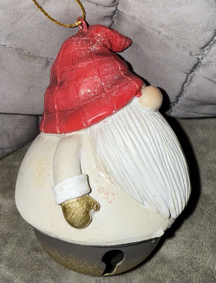 Winter Gnome Bell Ornament Holly Christmas Glitter Red Hat White Brass ...