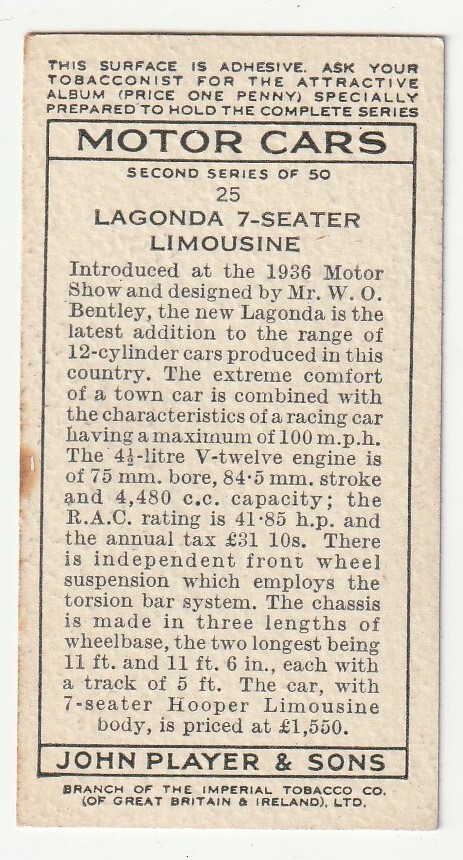 TOBACCO CARD - MOTOR CARS - LAGONDA 7-SEATER LIMOUSINE - PLAYER ...