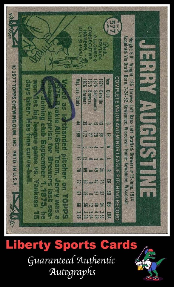 1977 Topps Jerry Augustine #577 Authentic Autographed Card Milwaukee ...
