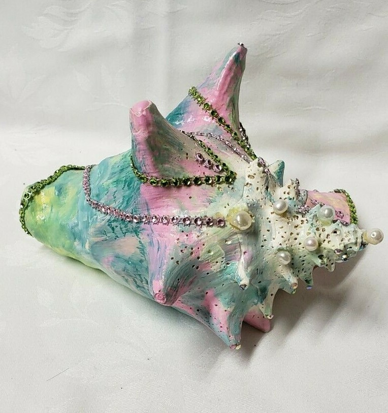 Large Hand Painted Decorated Conch Sea Shell Natural Beach Decor 8" x 6 ...