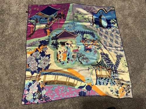 Silk Scarf Asian Theme 35” x 35” Colorful Hand Rolled | eBay