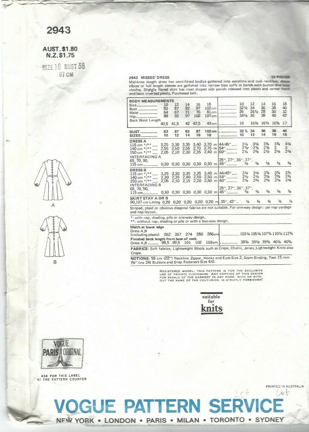 Vogue Designer Sewing Pattern 2943, Pierre Balmain Vintage Dress, Size ...