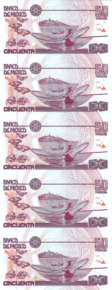 Mexico, 50 Pesos Uncut Sheet of Five, Banco de Mexico,10-18-2000,Series ...