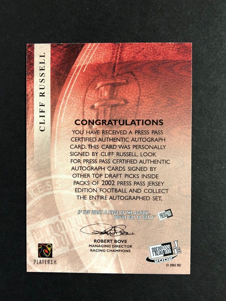 Cliff Russell Redskins Signed 2002 Press Pass Football Card Auto ...