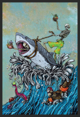 Great White Wave - 2 Skeletons Riding Shark 24 x 36 Inch Framed | eBay