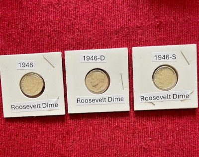 1946 (P), 1946 (D), 1946 (S), 3 Coin Set Roosevelt Dimes 90% Silver 10c ...