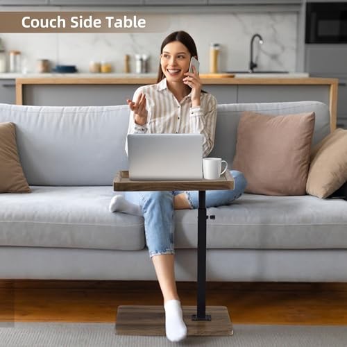 Adjustable Height Side Table with 360° Swivel Top, Wooden C Walnut ...