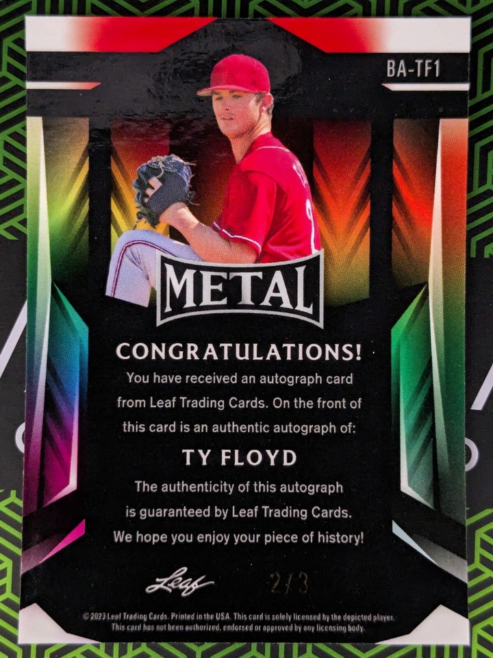 Ty Floyd (RC) 2023 Leaf Metal Baseball Red Wave Prismatic Auto 2/3 Reds ...