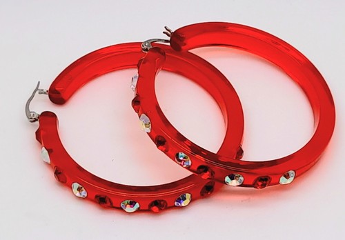 E166 Chunky red Lucite Acrylic wide Hoop red & ab Latch Back Fashion ...