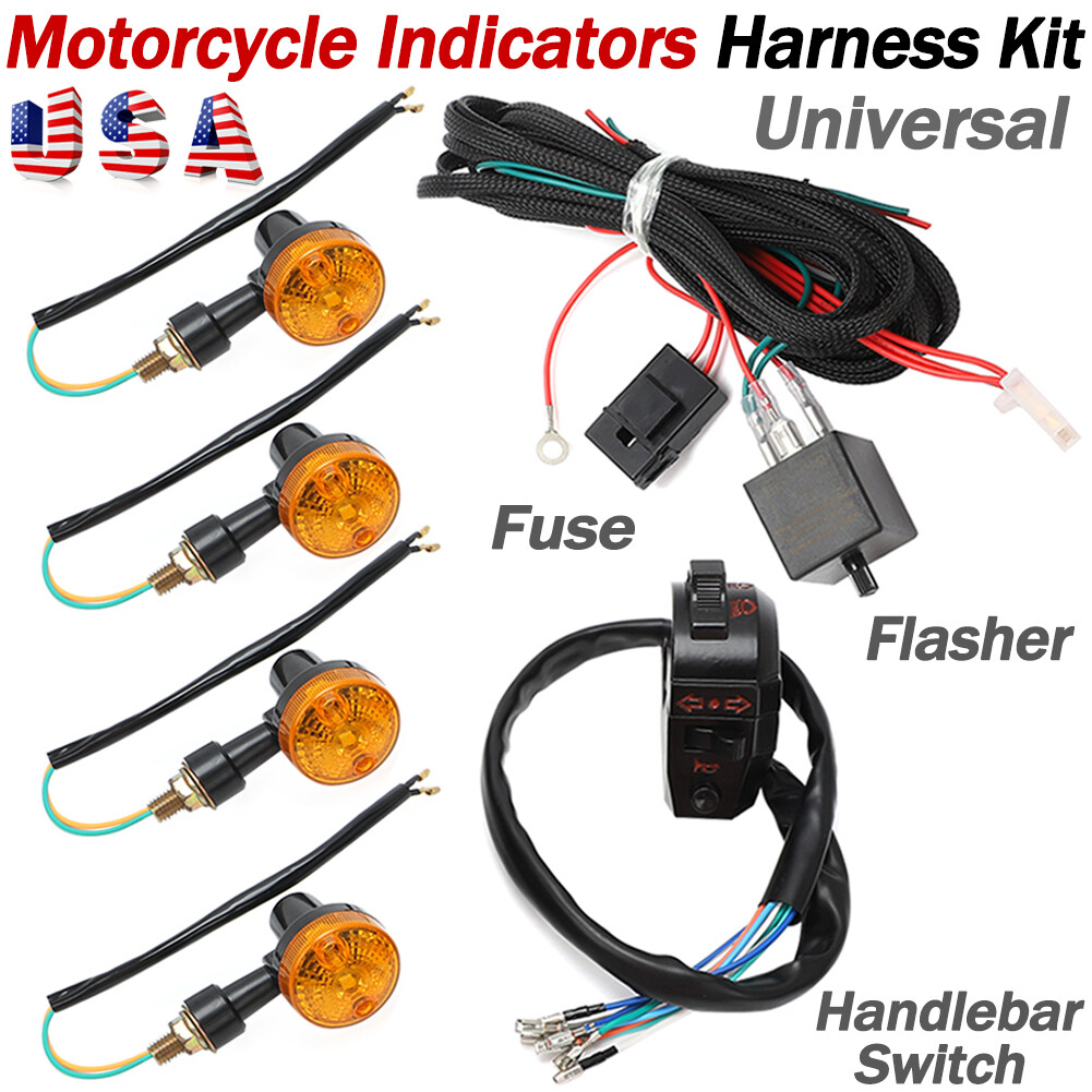 UNIVERSAL MOTORCYCLE INDICATORS WIRING LOOM HARNESS RELAY SWITCH