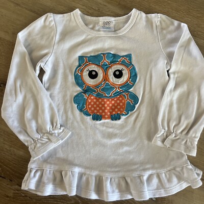 Embroidered Applique Owl Girls Ruffle Trim Top Size 5. ARB Blanks ...