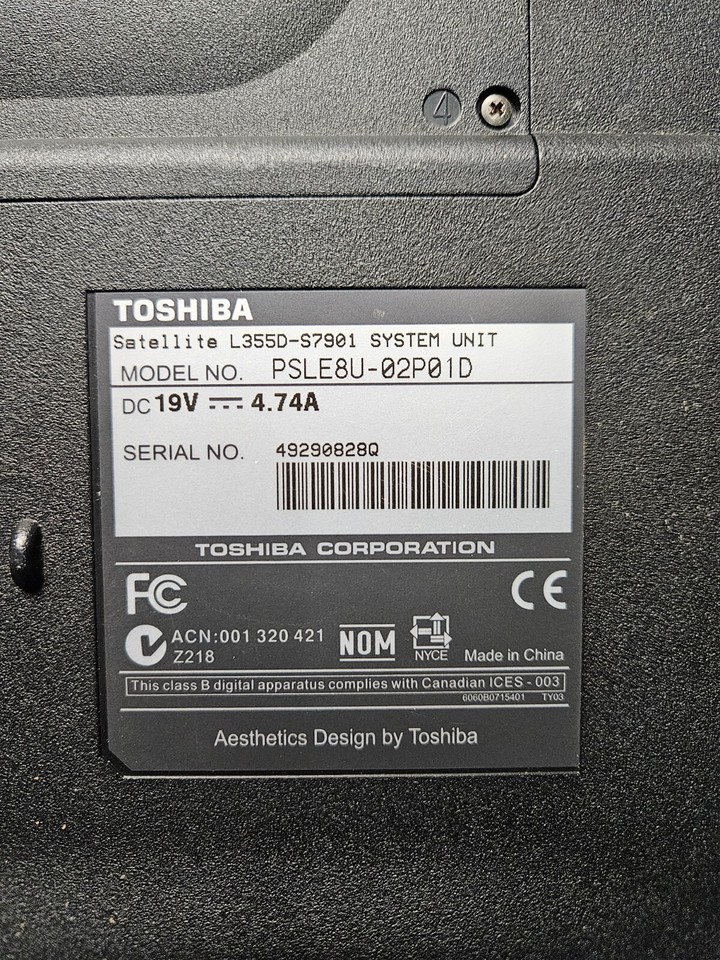 17.1” Toshiba Satellite L355D-S7901 Laptop w/ Power Supply - For Parts ...