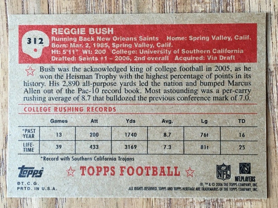 2006 TOPPS HERITAGE FOOTBALL REGGIE BUSH ROOKIE CARD No.312 Saints | eBay