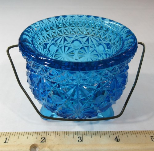 Fenton Daisy & Button blue handled footed cauldron kettle pot toothpick ...