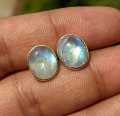 Fiery Rainbow MOONSTONE 925 Sterling Silver Gemstone Stud Earrings Oval ...