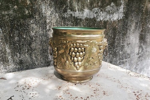 Vintage Large Brass Repousse Grapevine and Lion Head Cache Pot Planter ...