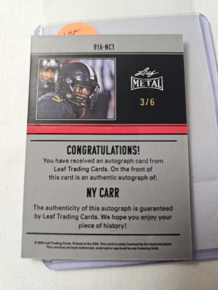 2024 Ny Carr *miami Hurricanes* Leaf Metal Chrome Autograph Sr#3/6 C# ...