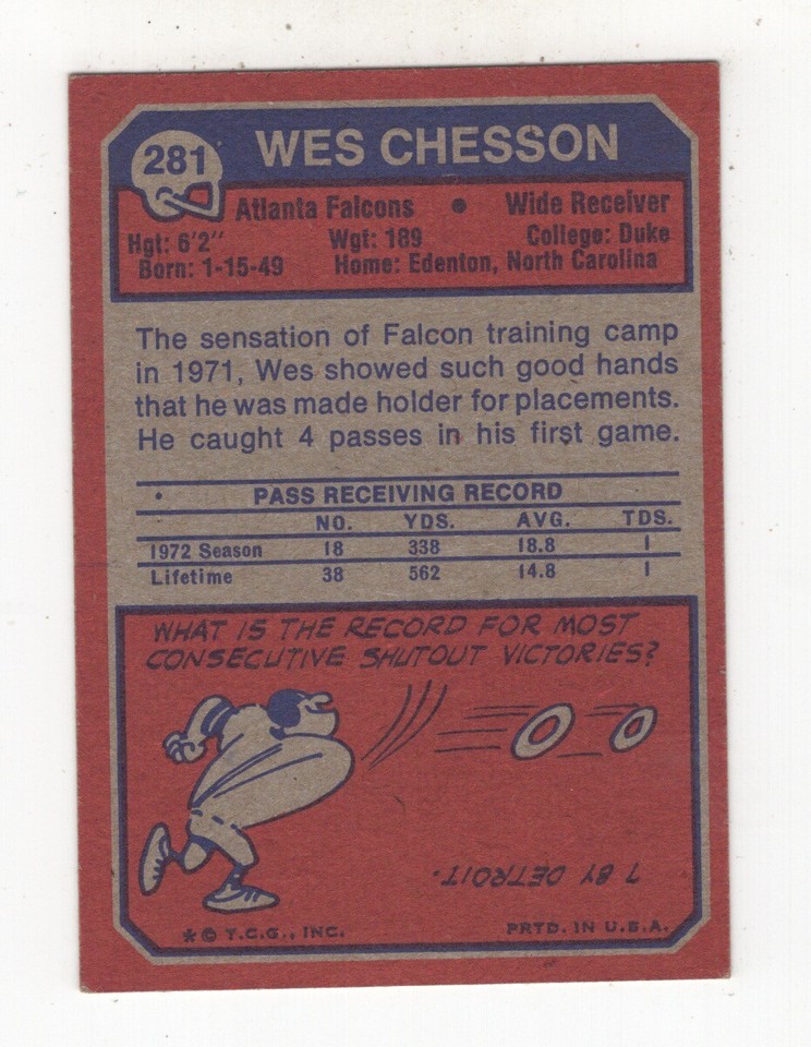 1973 TOPPS FOOTBALL ROOKIE WES CHESSON ATLANTA FALCONS #281 | eBay