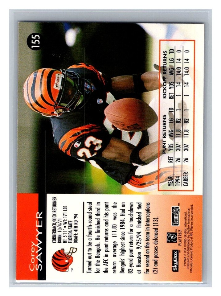 1995 Skybox #155 Corey Sawyer The Specialists Bengals | eBay